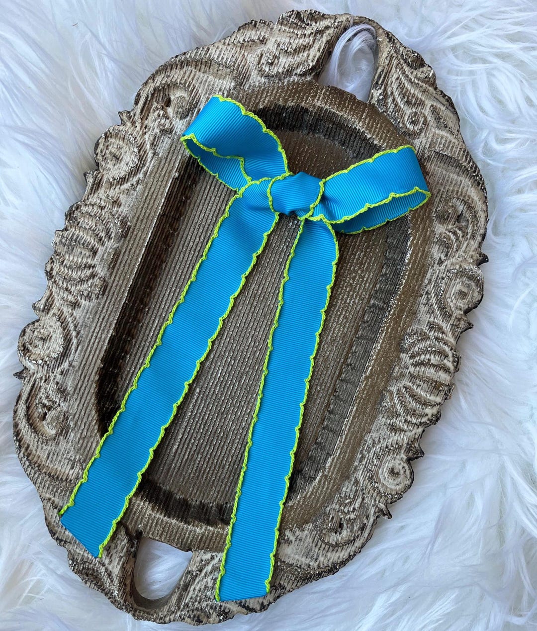 Neon Blue Hair Bow, Lime Moonstitch Grosgrain Ribbon, Long Tails - Etsy
