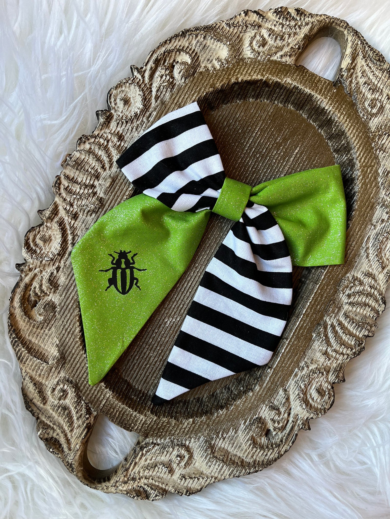 Beetle Hair Bow, Black and White Stripes, Neon Green, Sailor Bow Style ...