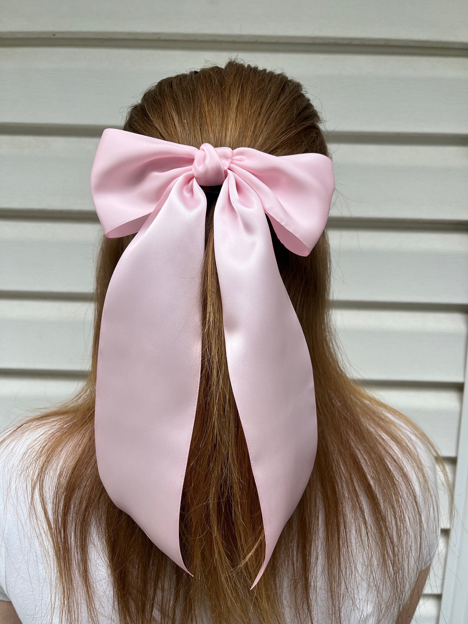 Large Light Pink Satin Coquette Hair Bow, Long Tail Bow, Pink Satin ...