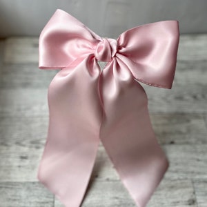 Large Light Pink Satin Coquette Hair Bow, Long Tail Bow, Pink Satin ...