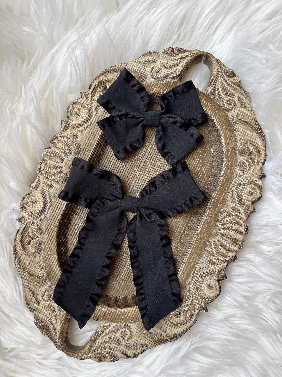 Black Double Ruffle Hair Bow for Girls, Long Tail Bow, Ribbon Barrette ...
