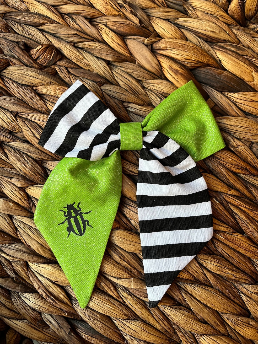 Beetle Hair Bow, Black and White Stripes, Neon Green, Sailor Bow Style ...