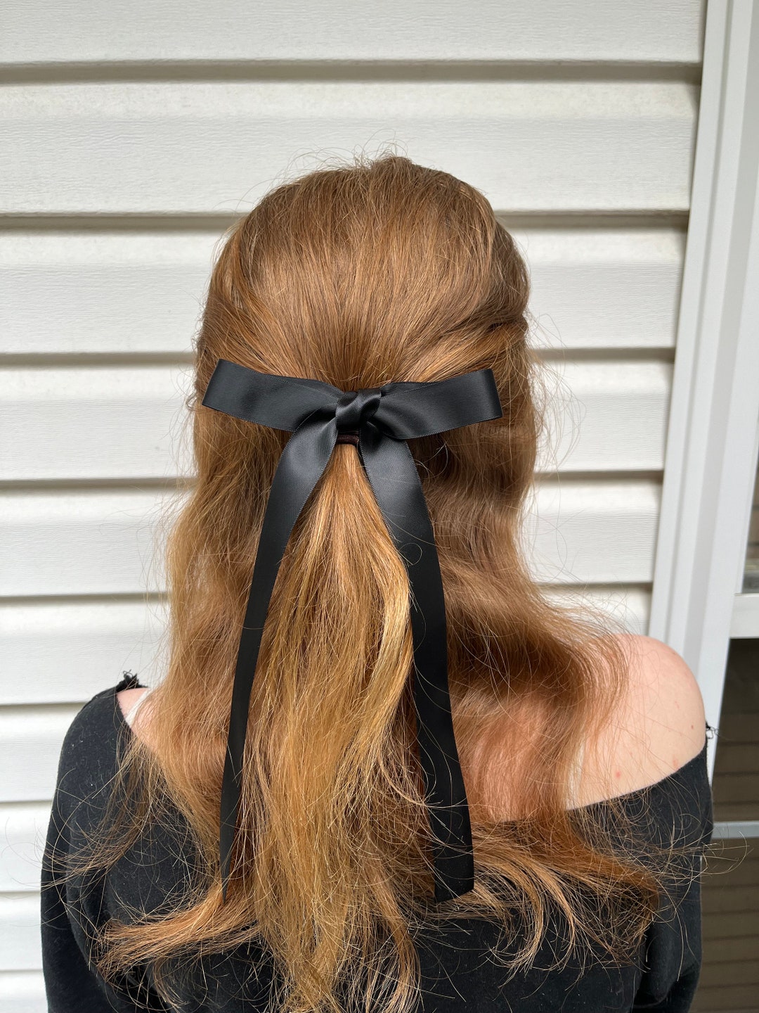 Black Satin Hair Bow, Long Ribbon Tail, Barrette or Clip - Etsy