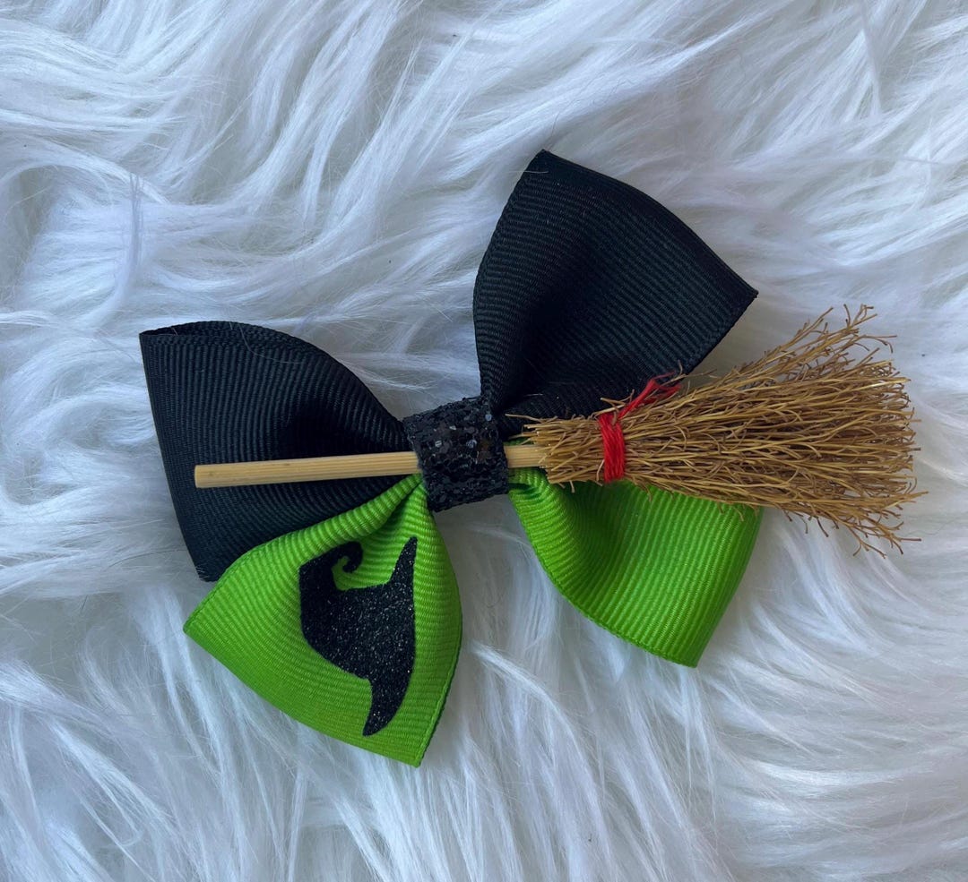 Wicked Witch Hair Bow, Neon Green, With Broom - Etsy