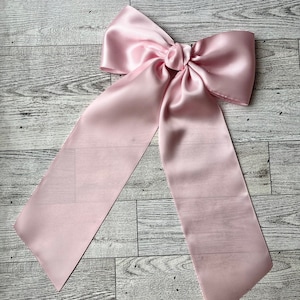 Large Light Pink Satin Coquette Hair Bow, Long Tail Bow, Pink Satin ...