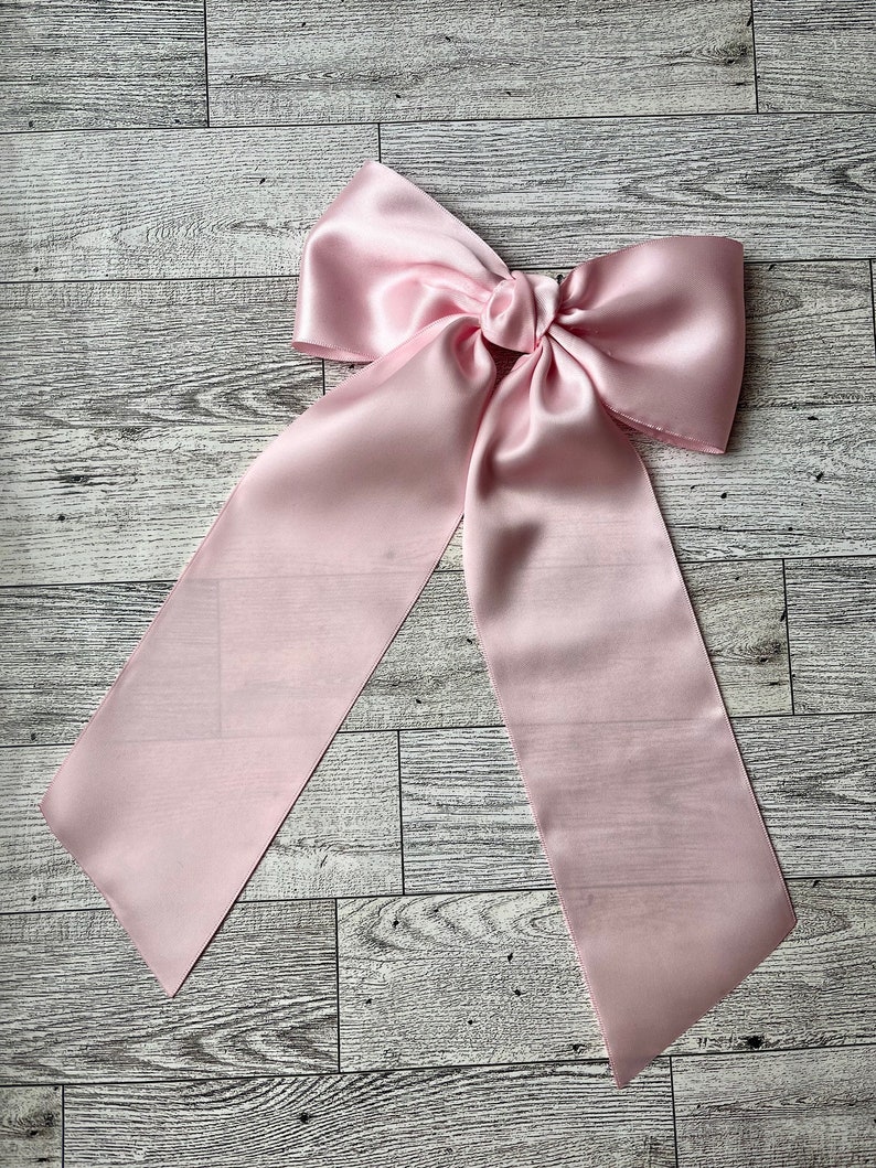 Large Light Pink Satin Coquette Hair Bow, Long Tail Bow, Pink Satin ...