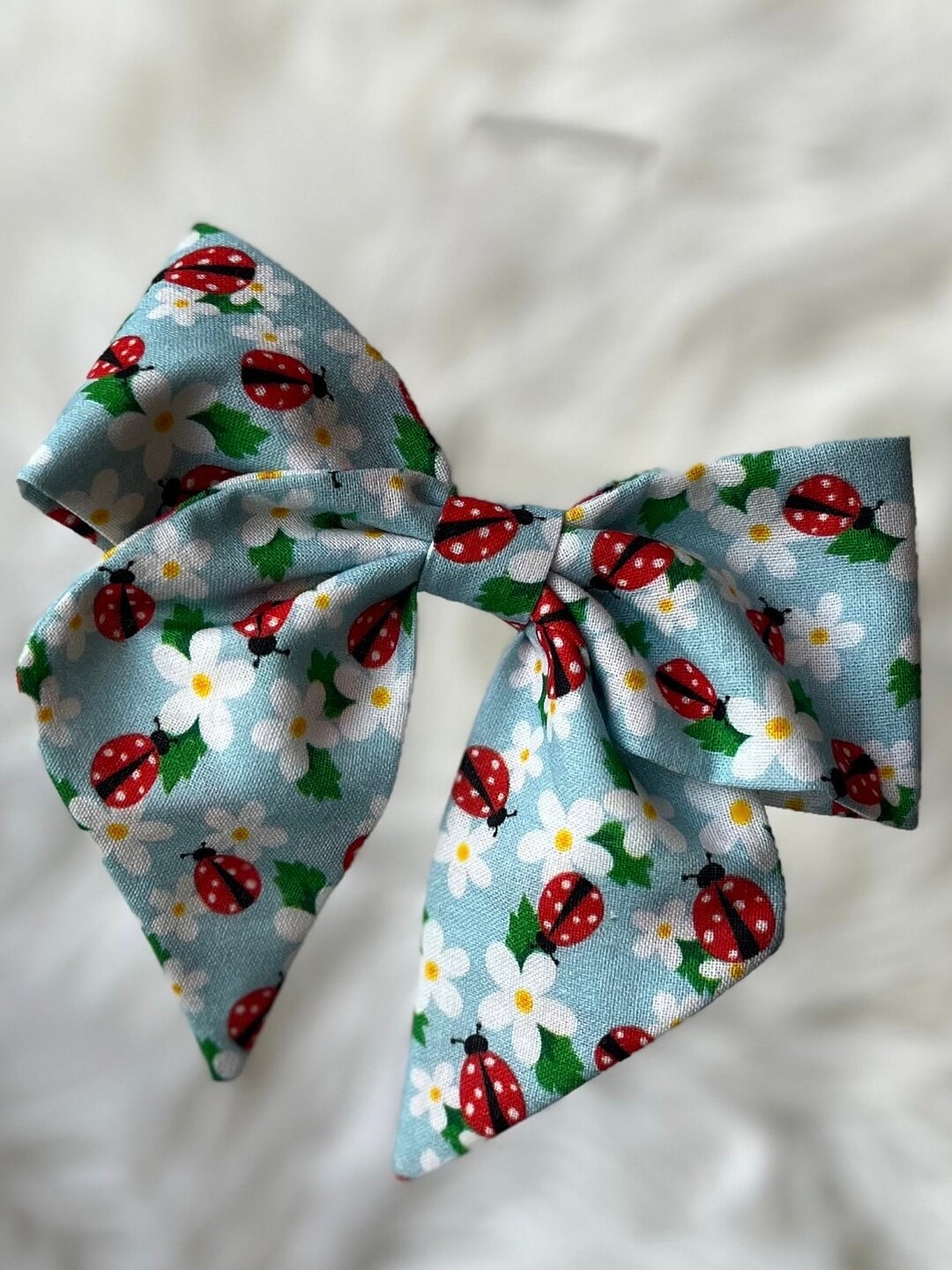 Ladybug Sailor Bow, Blue Floral Fabric Hair Clip - Etsy