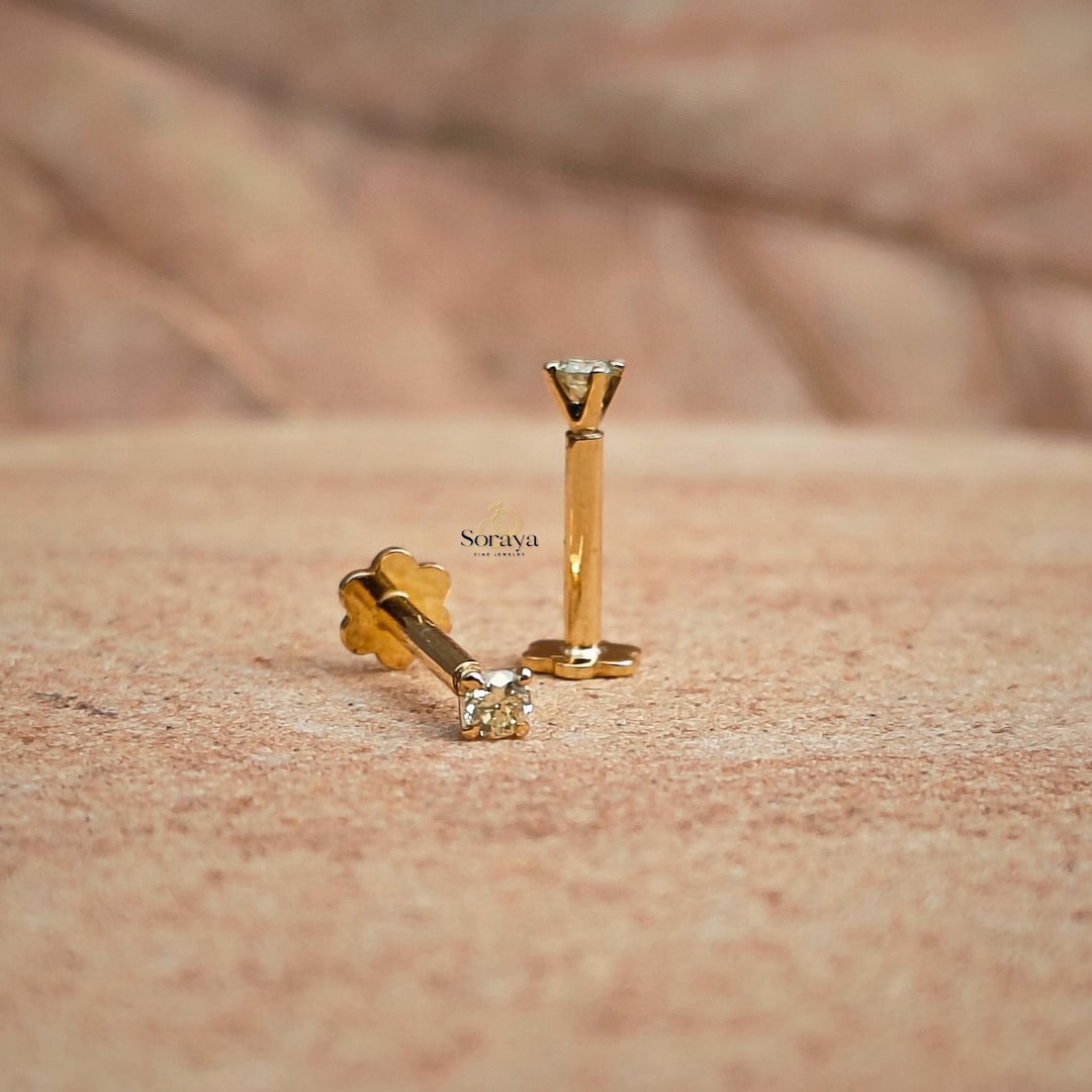 14K Solid Gold Natural Diamond Flat Back Stud | Internally Threaded Nap ...