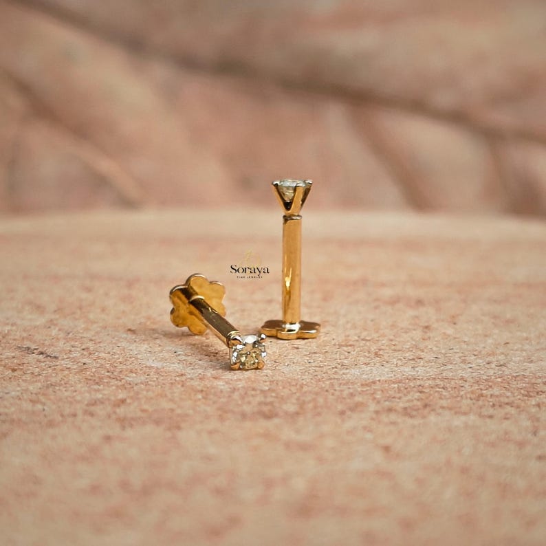 14K Solid Gold Natural Diamond Flat Back Stud | Internally Threaded Nap ...