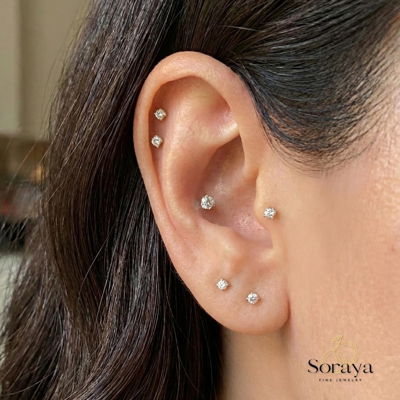 14K Solid Gold Natural Diamond Flat Back Stud | Internally Threaded Nap ...