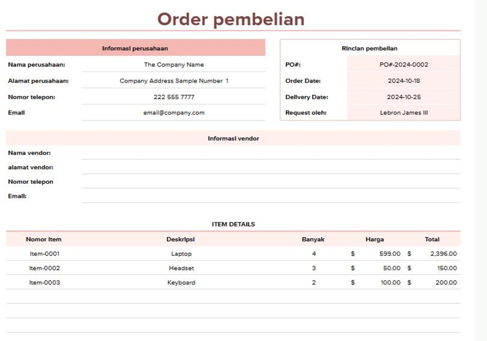 Purchase Order, Google Sheets Template, Editable Order Tracker, Digital ...