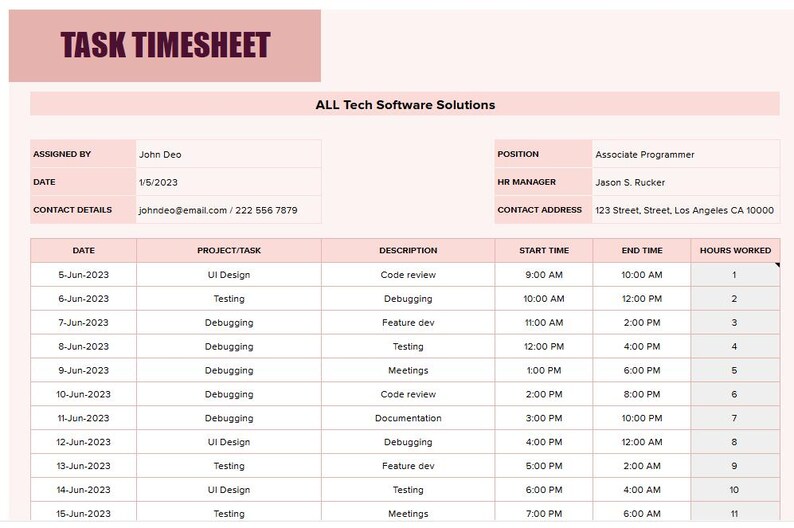 Task Timesheet Template, Google Sheets Tracker, Work Hours Log ...