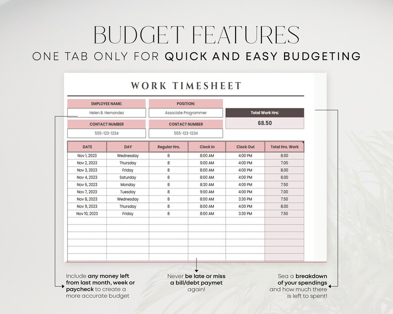 Google Sheets Work Timesheet Template: Employee Time Tracker (weekly ...