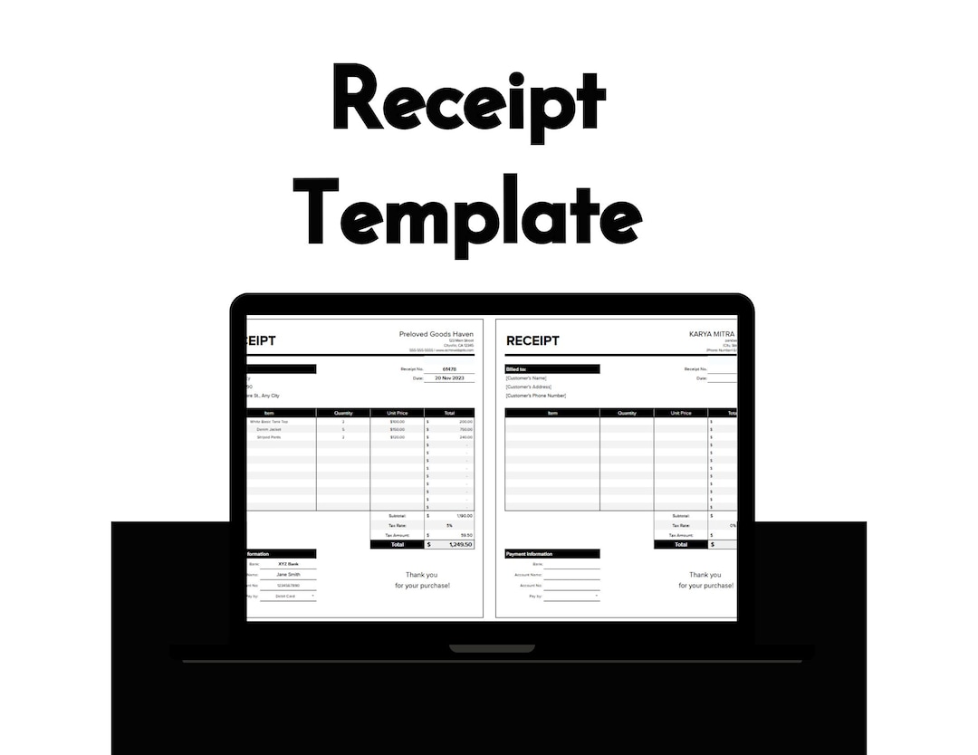 Receipt Template, Editable Google Sheets Receipt, Customizable Invoice ...
