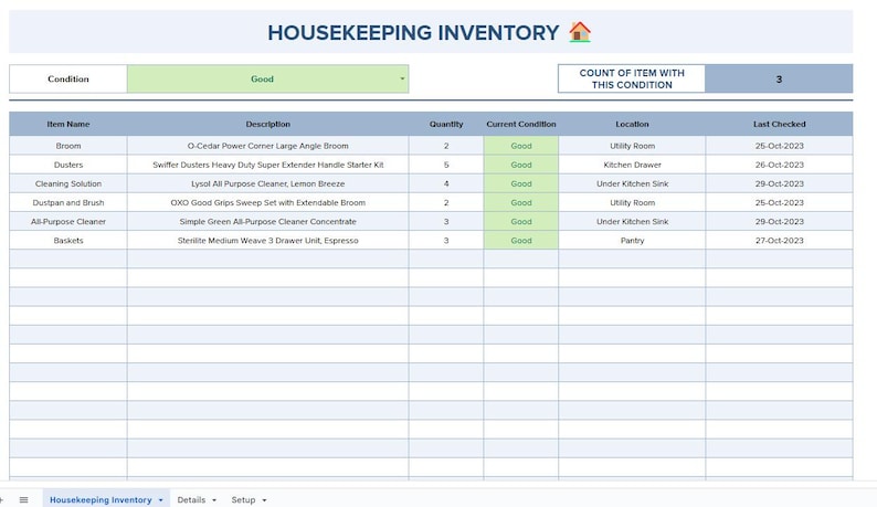 Housekeeping Inventory Template, Google Sheets, Cleaning Supplies ...