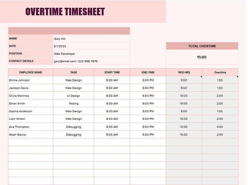 Overtime Timesheet Template, Google Sheets, Employee Work Hours Tracker ...
