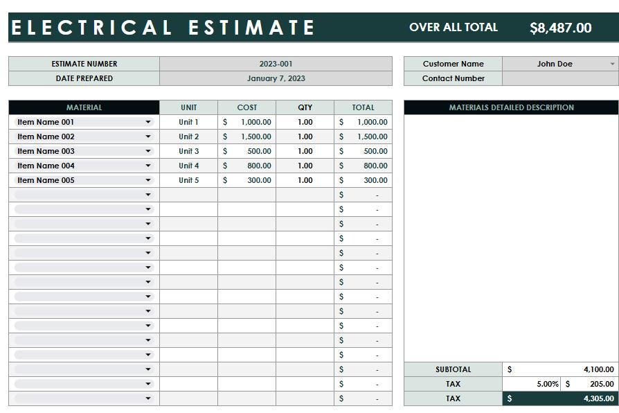 Electrical Estimate Template, Google Sheets Editable Template ...