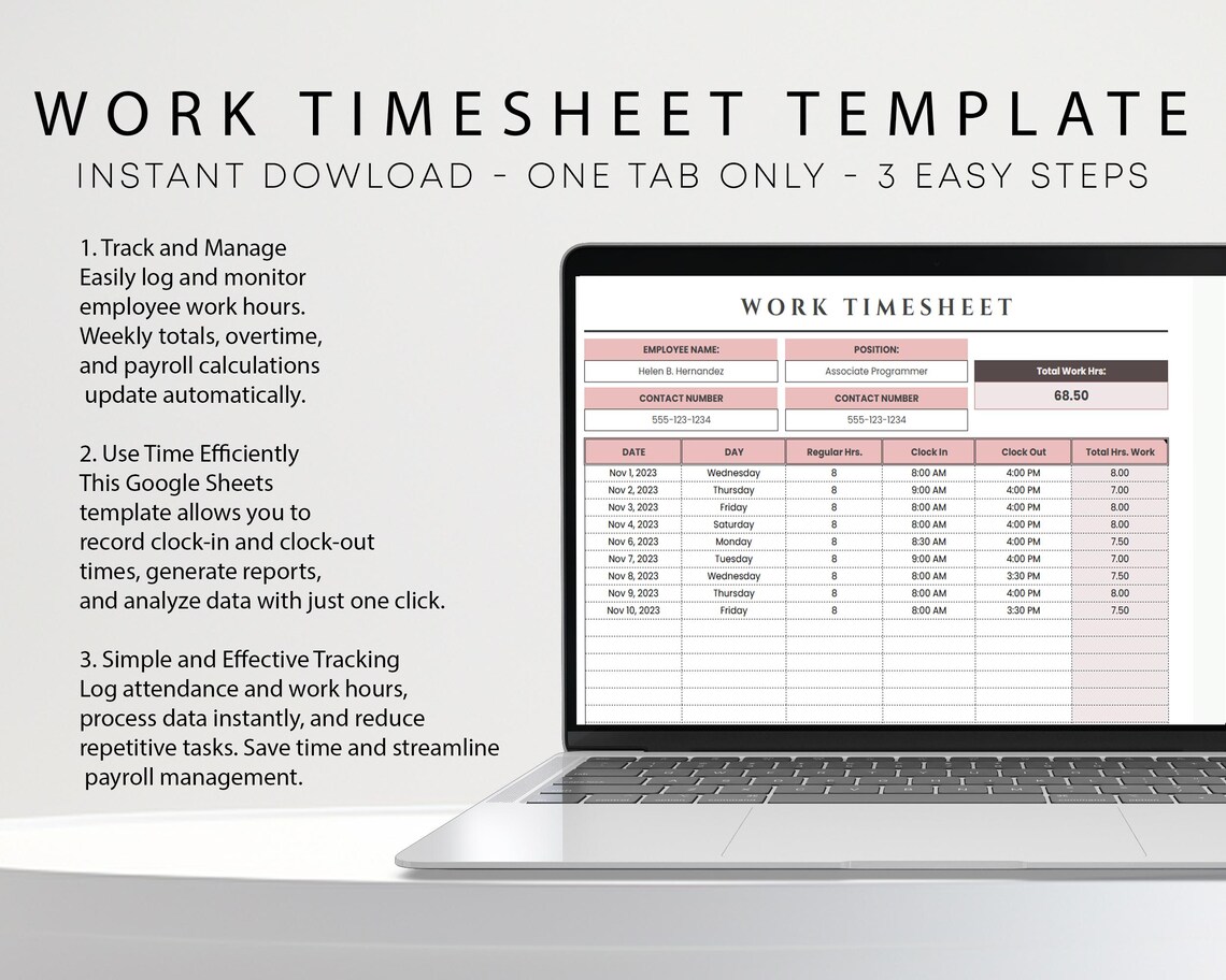Google Sheets Work Timesheet Template: Employee Time Tracker (weekly ...