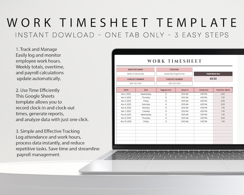 Google Sheets Work Timesheet Template: Employee Time Tracker (weekly ...
