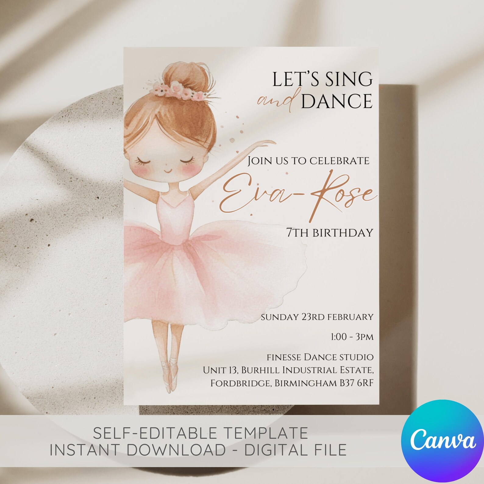 Editable Ballerina Birthday Invitation: Pink Ballet Party, Canva ...