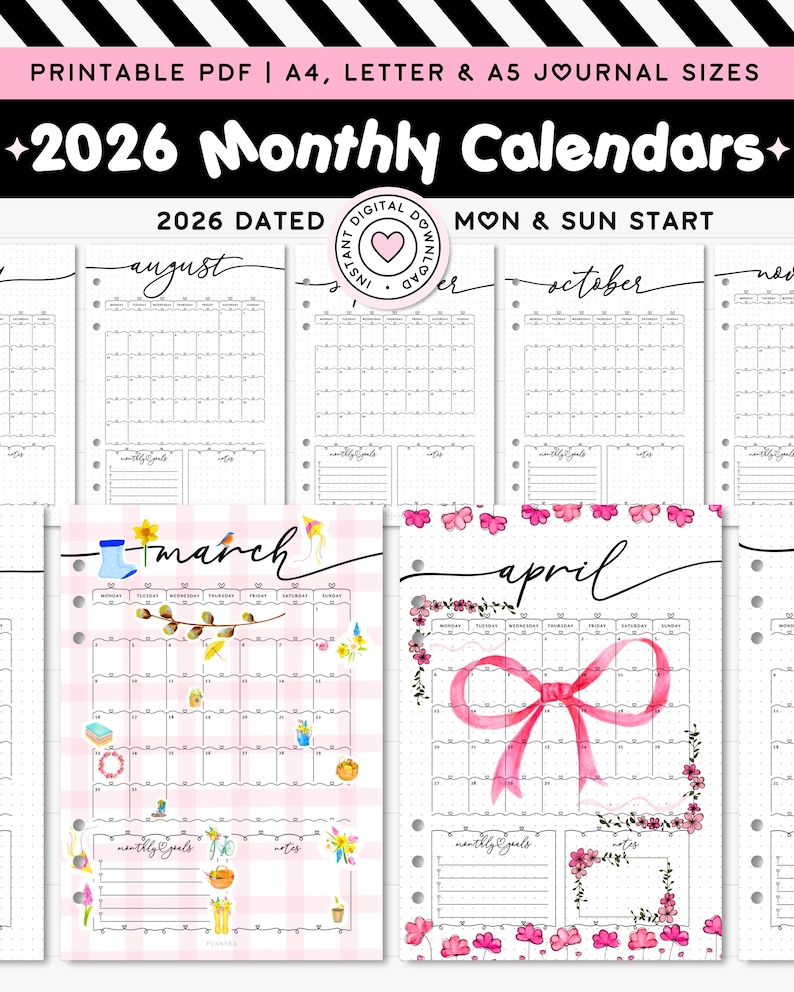 2026 Calendar Bundle Printable Journal A5 Planner Insert DATED Monthly ...