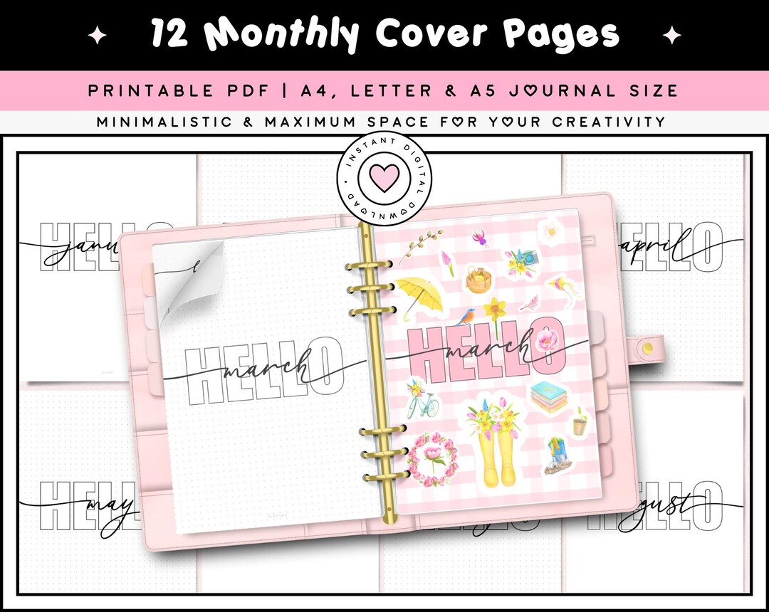 Monthly Cover Pages for Printable Bullet Journal A4 & A5 Planner Title ...