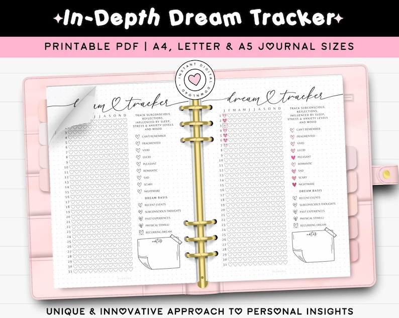 Dream Tracker Printable Journal A5 Planner Insert Yearly Daily Dream ...