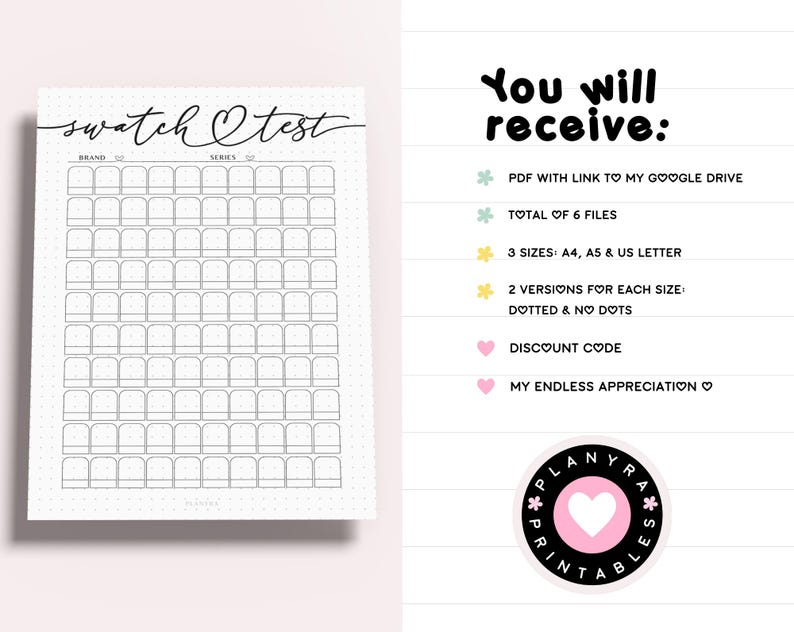 Color Swatch Test Printable Page for Journal A4 A5 Blank Colour Chart ...
