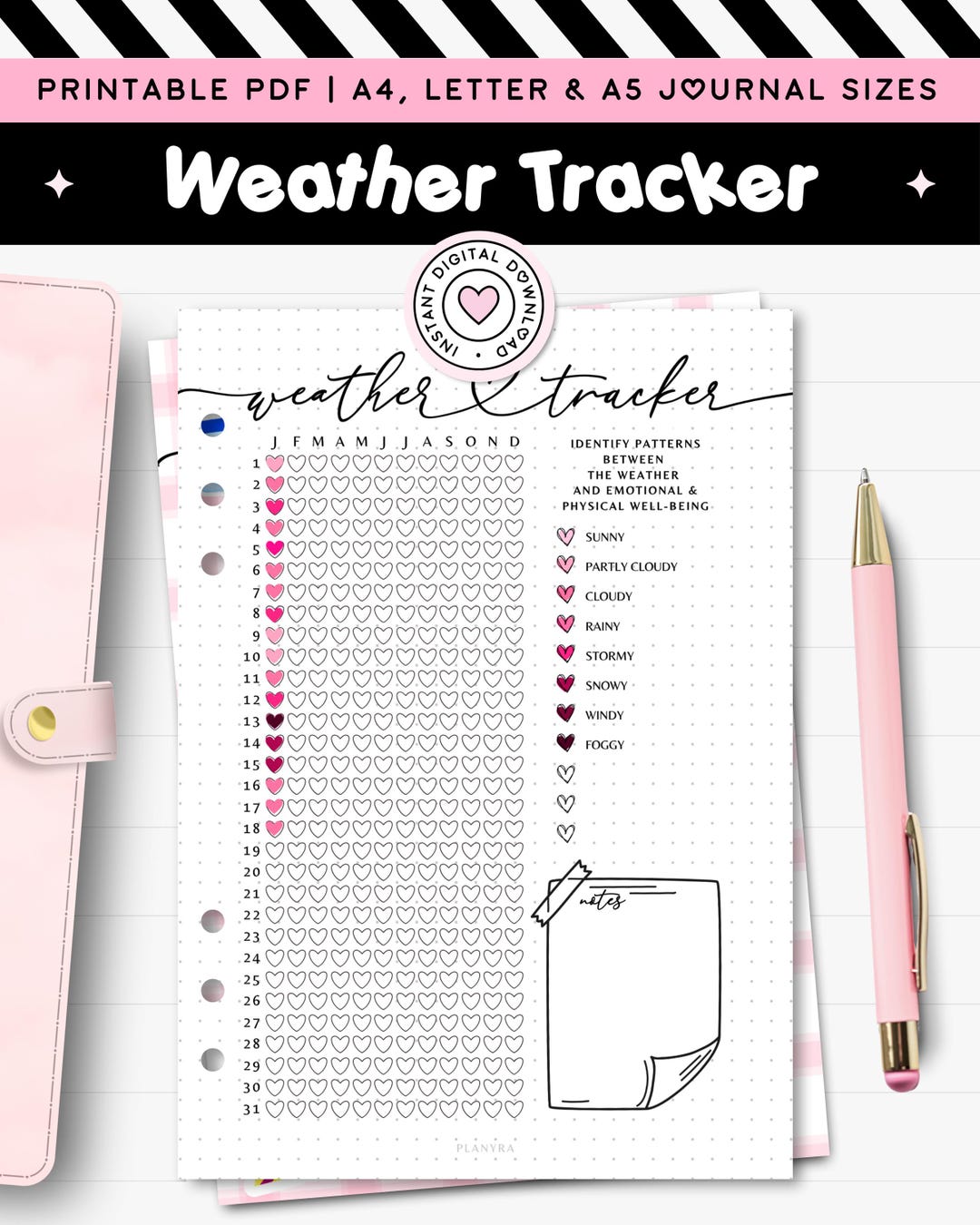 Weather Tracker Printable Bullet Journal Page A5 Planner Insert Yearly ...