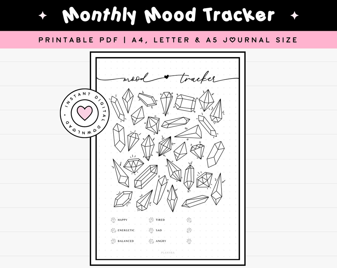 Crystals Mood Tracker Printable Page for Bullet Journal Monthly Mood Log A4 A5 Bujo Mood Chart ...