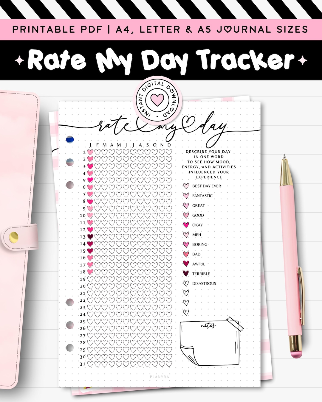 Rate My Day Printable Journal A5 Planner Insert Year in Pixel Tracker ...
