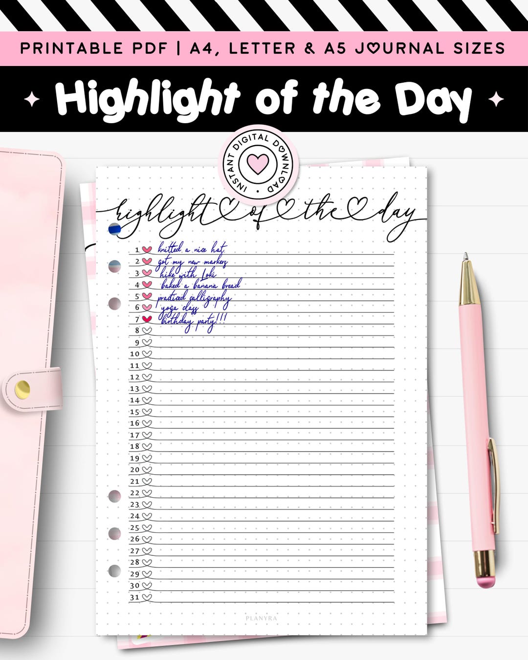 Highlight of the Day Printable Journal A5 Planner Insert Daily ...