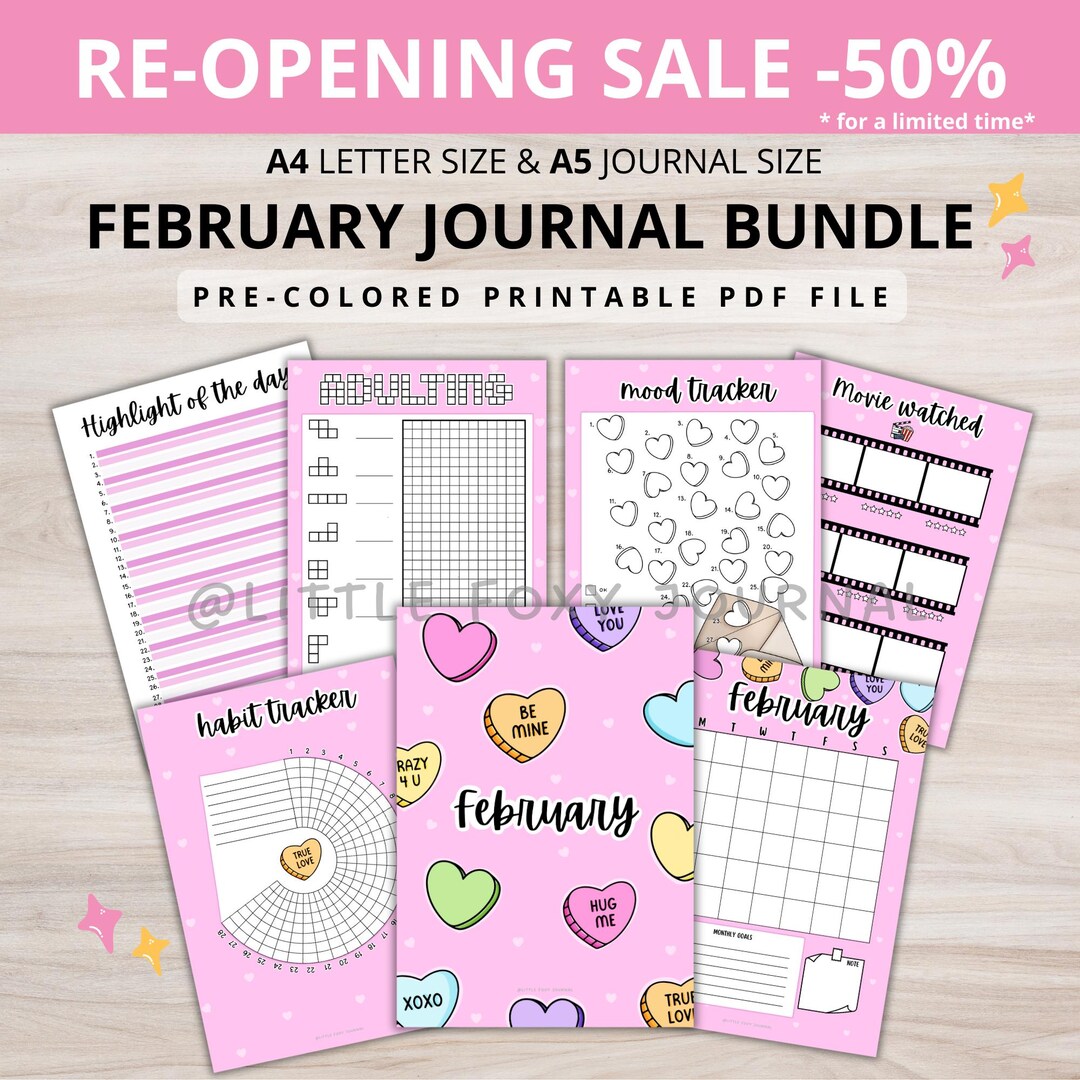February Journal Bundle Hearts PRINTABLE Journal Pages PRE-COLORED ...