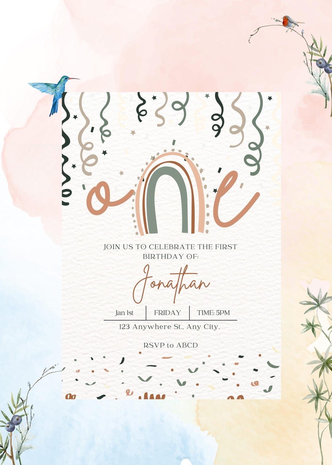 Gender-neutral First Birthday Invitation Template | Minimalist Rainbow ...