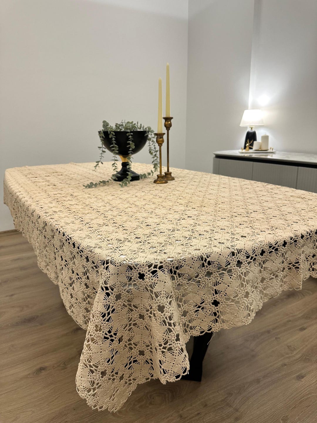 Vintage Handmade Lace Tablecloth: 1970s Beige Floral Crochet, 220x130 ...