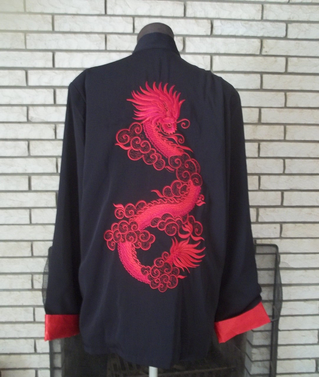 Traditional Black and Red Vintage Silk Asian Jacket With Embroidered ...