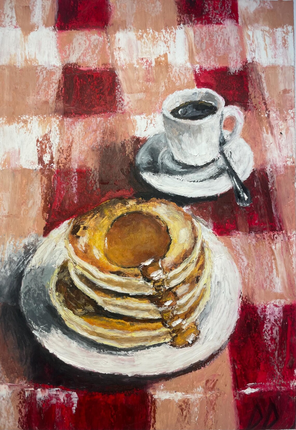 Original Still Life Oil Pastel Painting, 'pancakes', 2025. Portrait ...