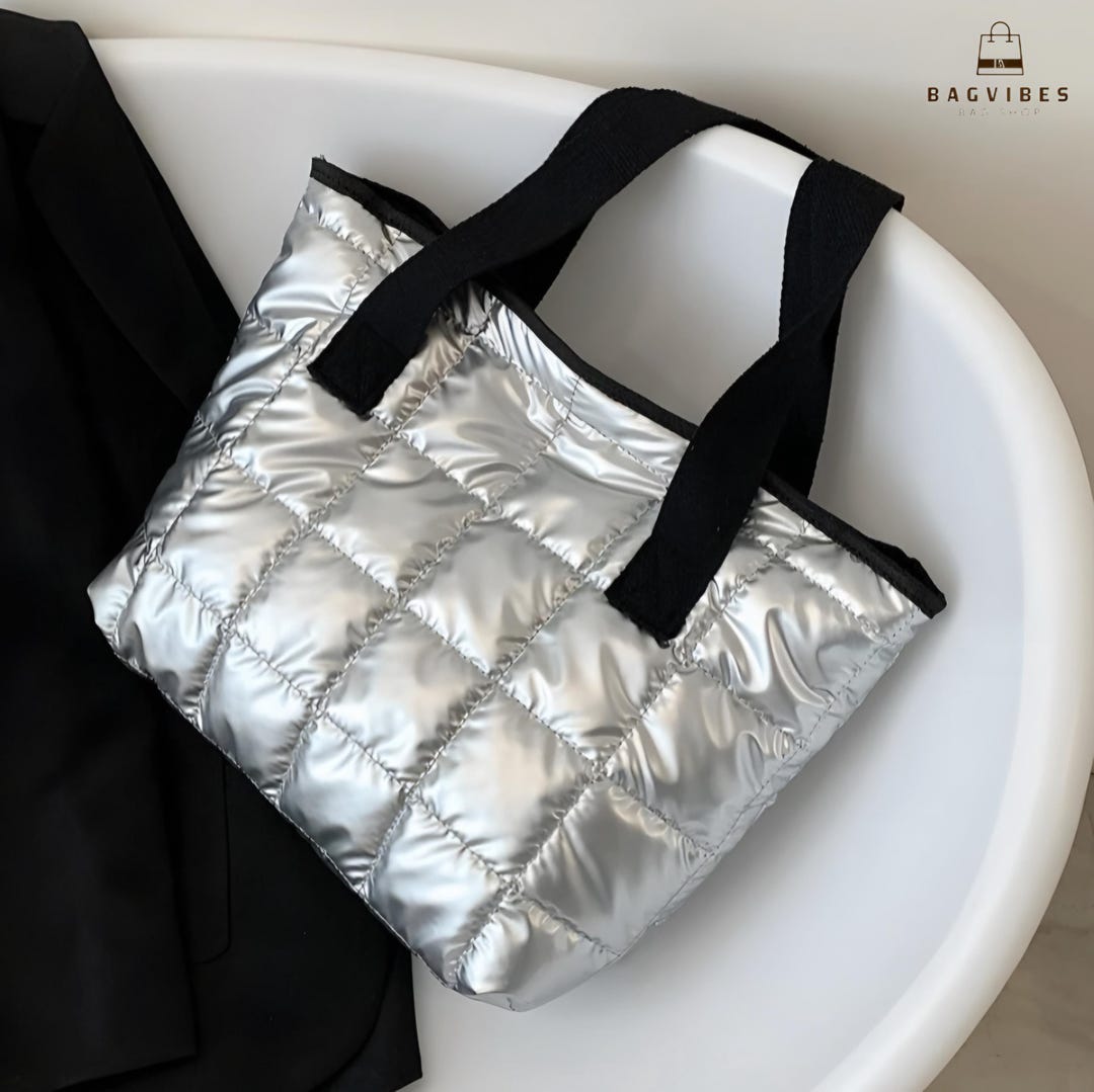 Black Quilted Shiny Tote Bag - Etsy