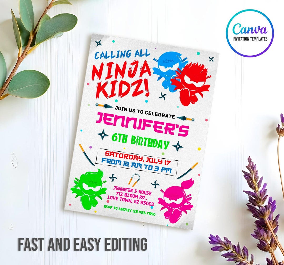 Ninja Kidz Editable Printable Invitation, Boy Girl Birthday Invitation ...