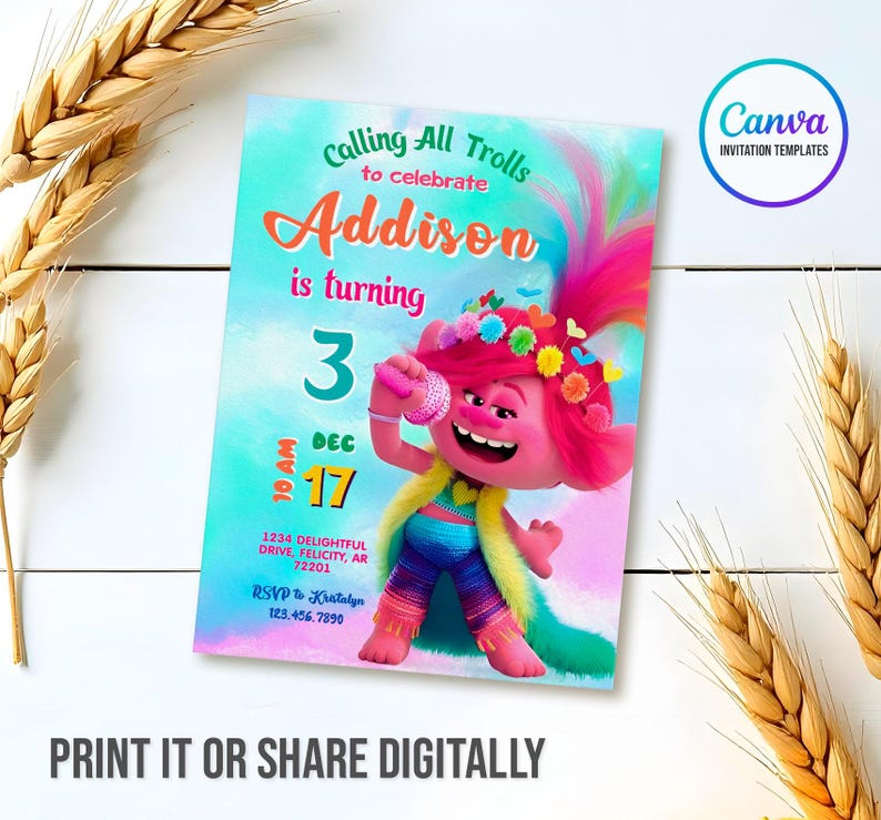 Editable Trolls Invite, Printable Birthday Invitation, Girl Birthday ...