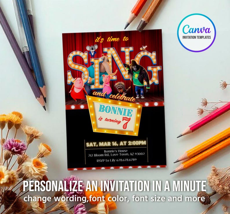 Editable Singer Invitation, Printable Sing 2 Birthday Invitation ...