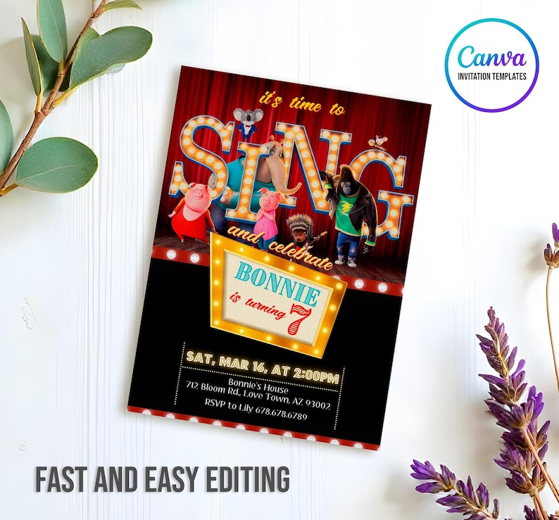 Editable Singer Invitation, Printable Sing 2 Birthday Invitation ...