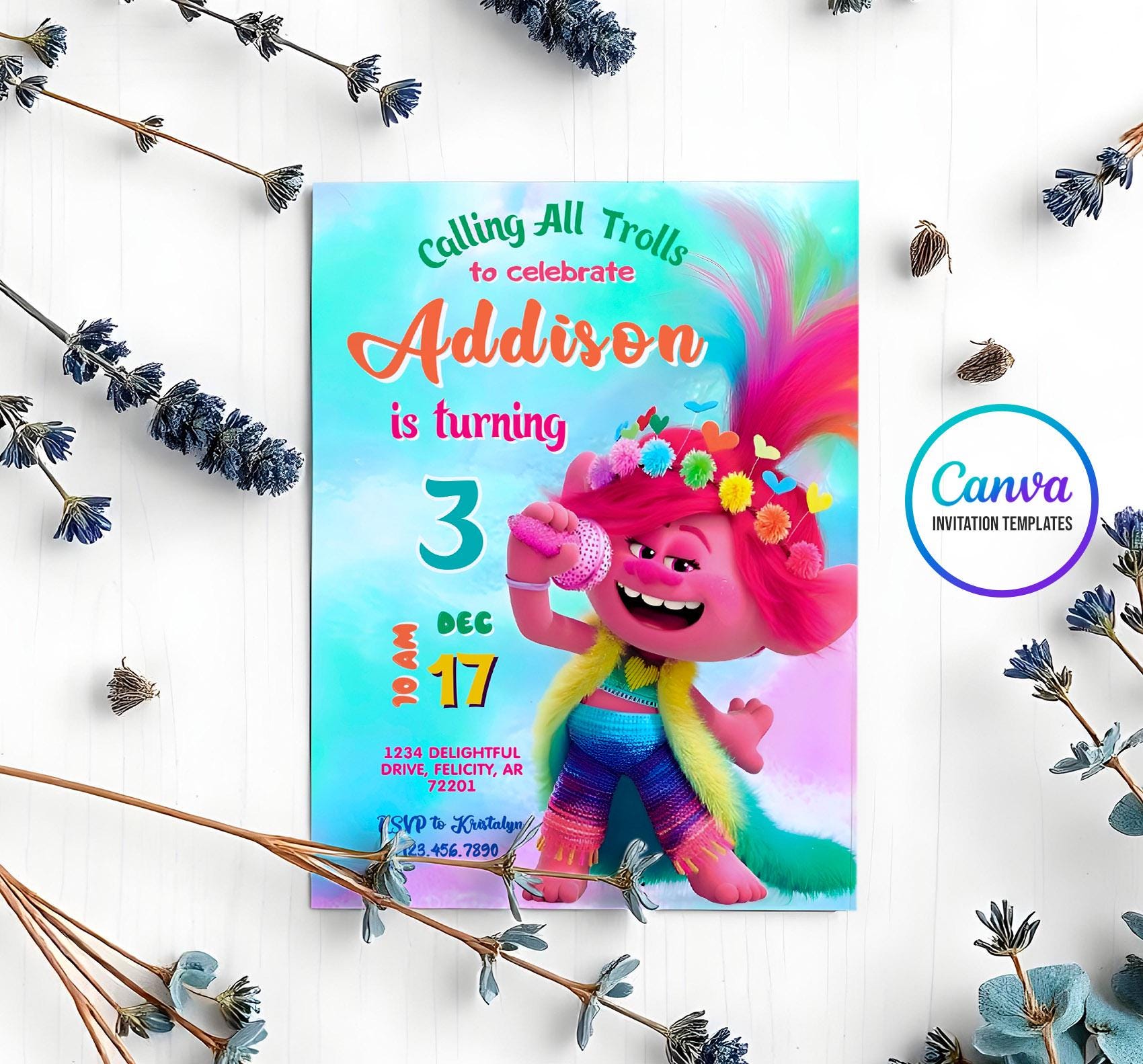 Editable Trolls Invite, Printable Birthday Invitation, Girl Birthday ...