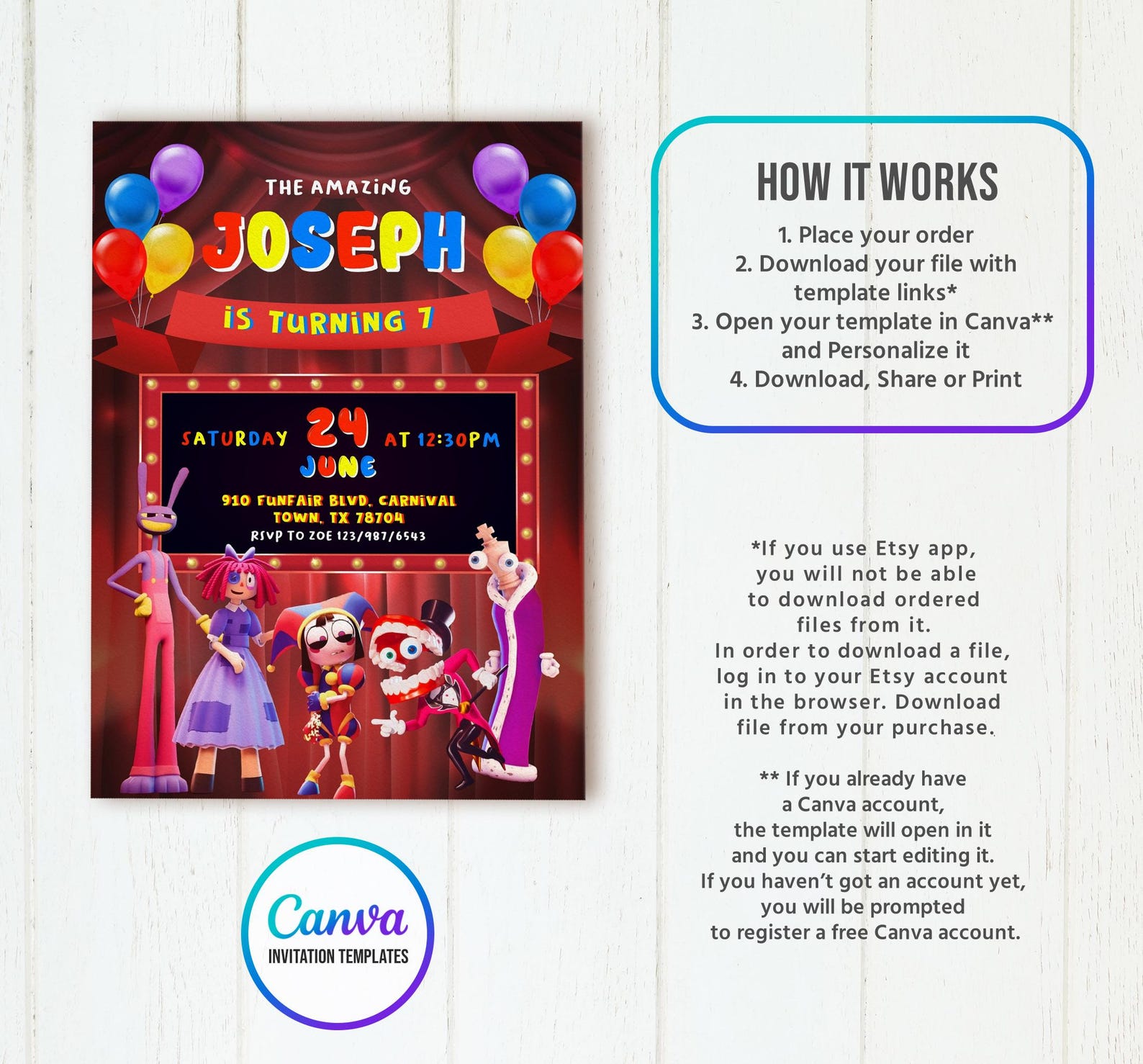 Amazing Digital Circus Invitation, Printable Editable Digital Circus ...
