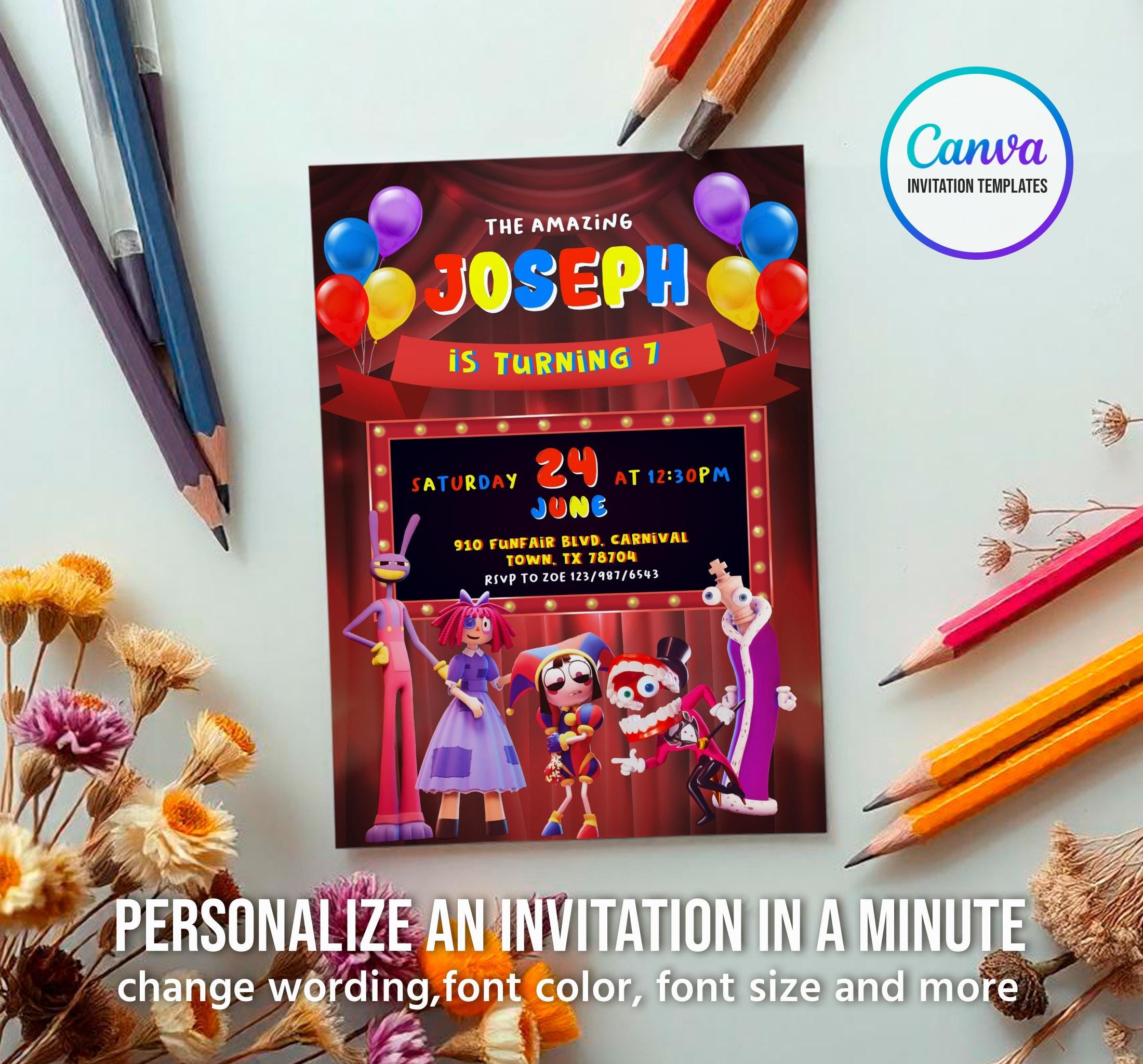 Amazing Digital Circus Invitation, Printable Editable Digital Circus ...