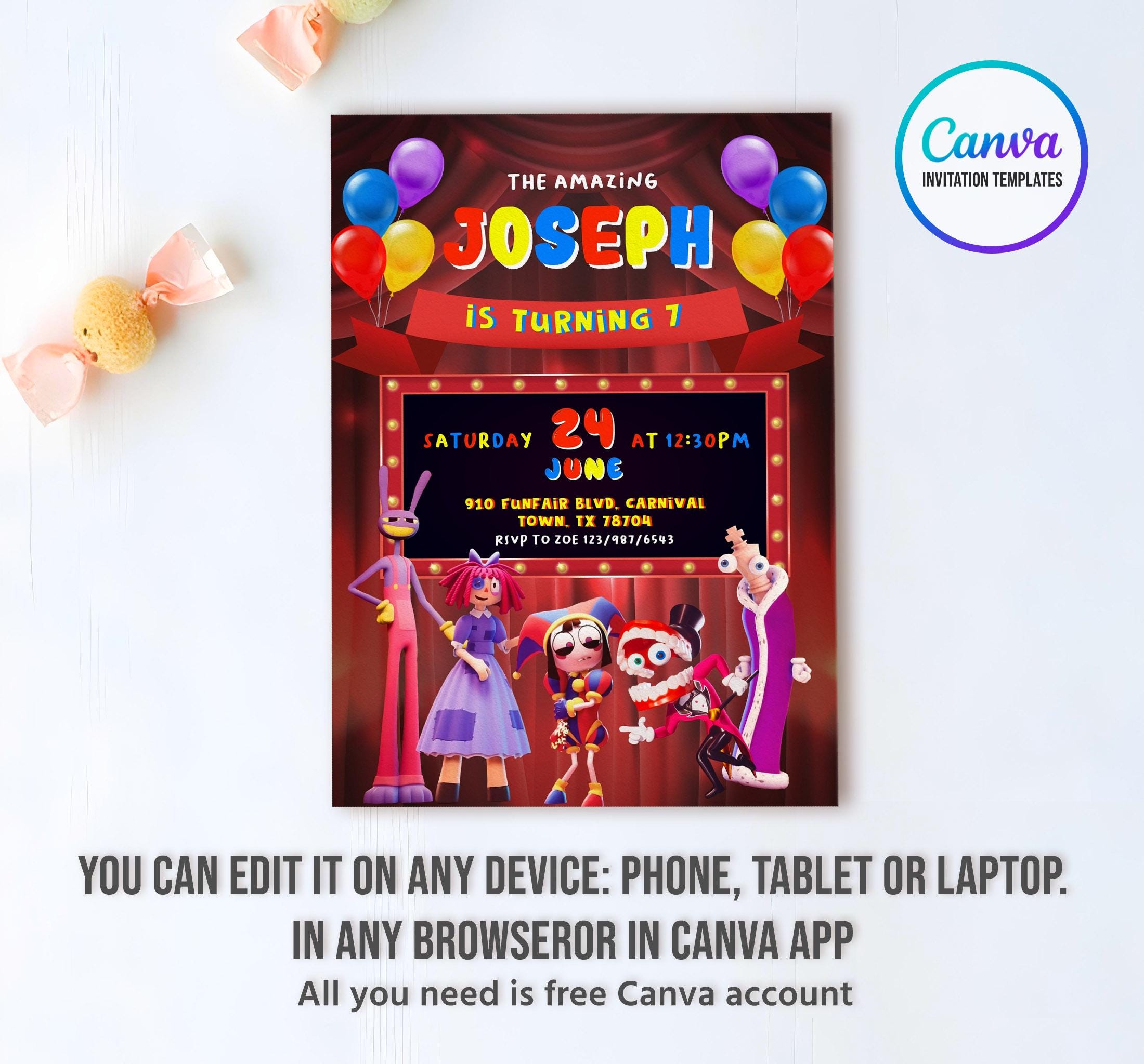Amazing Digital Circus Invitation, Printable Editable Digital Circus ...