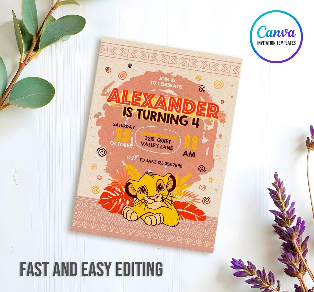 Simba Printable Birthday Invitation Template, Lion King Birthday Invite ...
