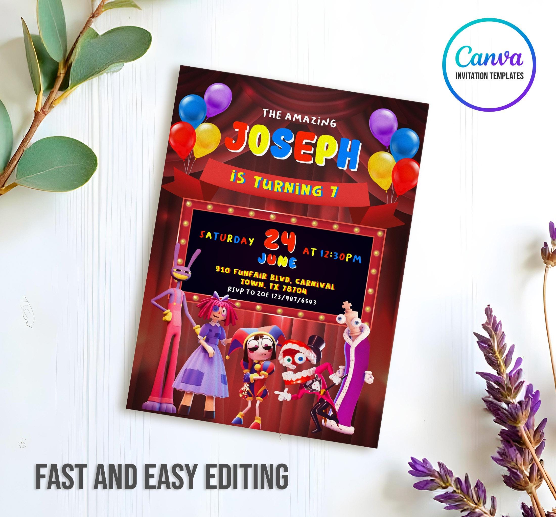 Amazing Digital Circus Invitation, Printable Editable Digital Circus ...