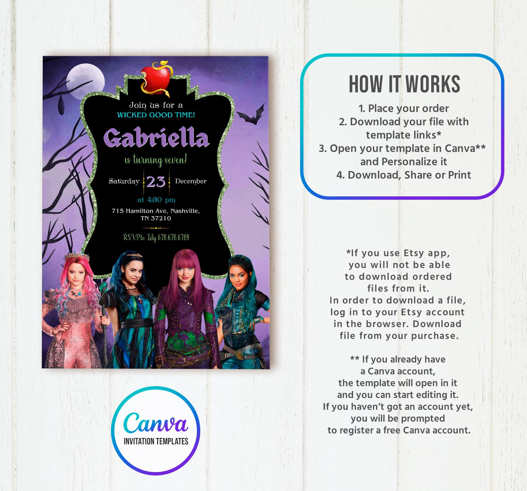 Descendants Invitation, Printable Editable Descendants Birthday Invite ...