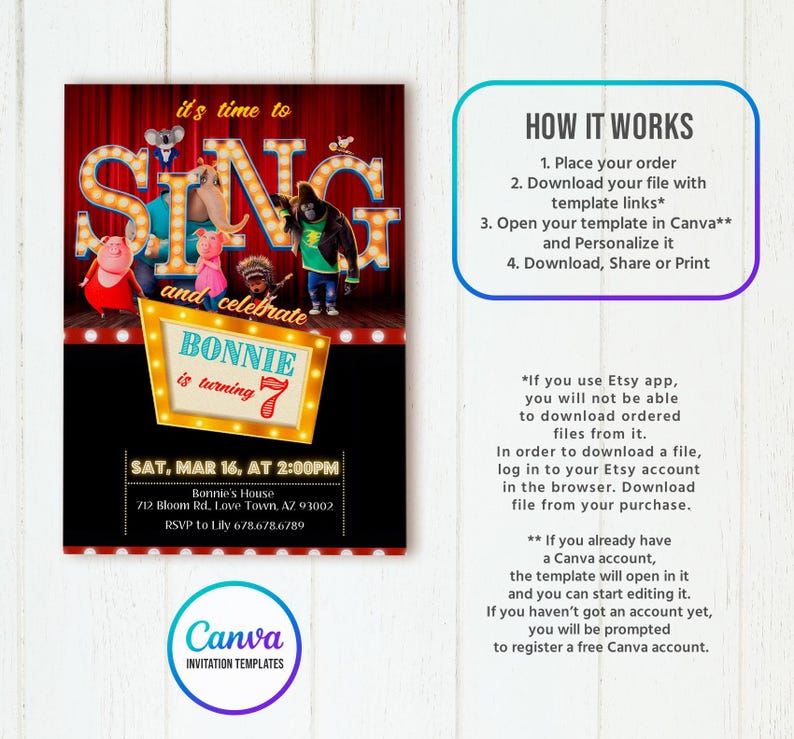 Editable Singer Invitation, Printable Sing 2 Birthday Invitation ...